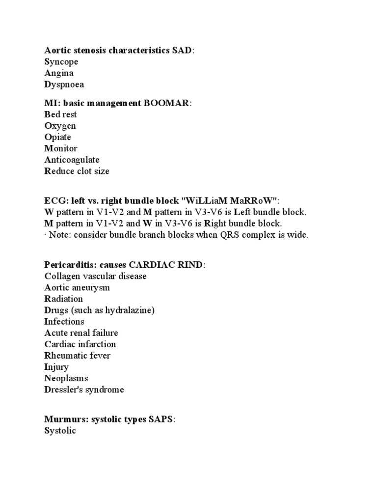 Cardiology Mnemonics | PDF | Heart | Myocardial Infarction