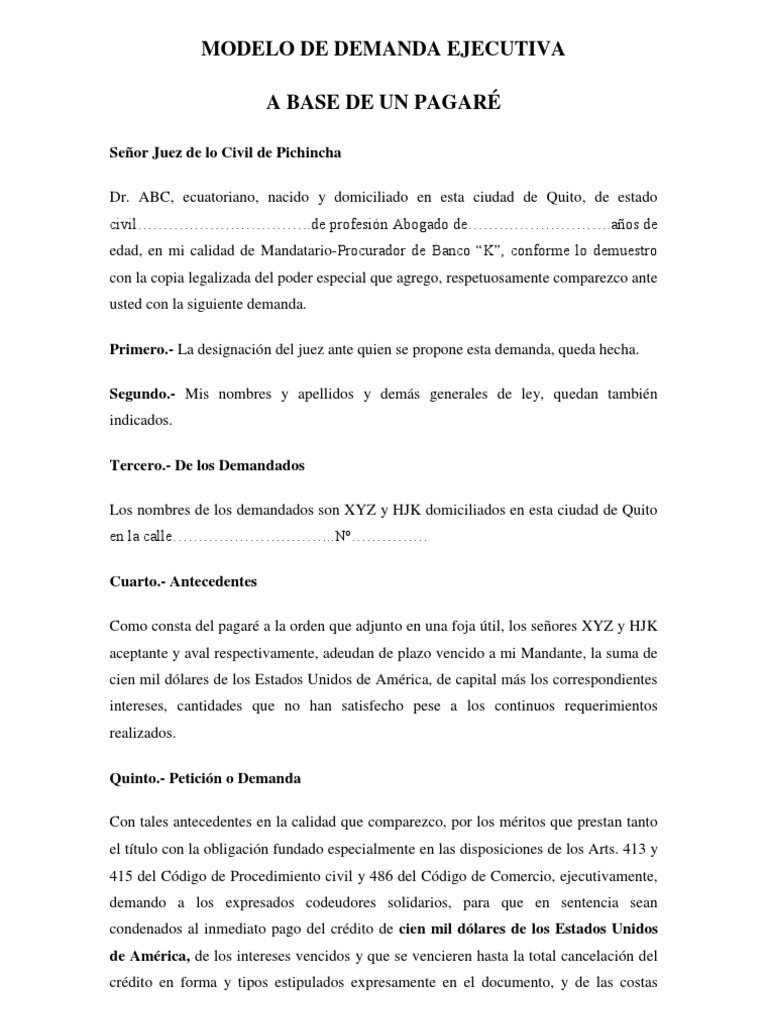 Modelo de Demanda Ejecutiva | Procedimiento Civil | Demanda judicial