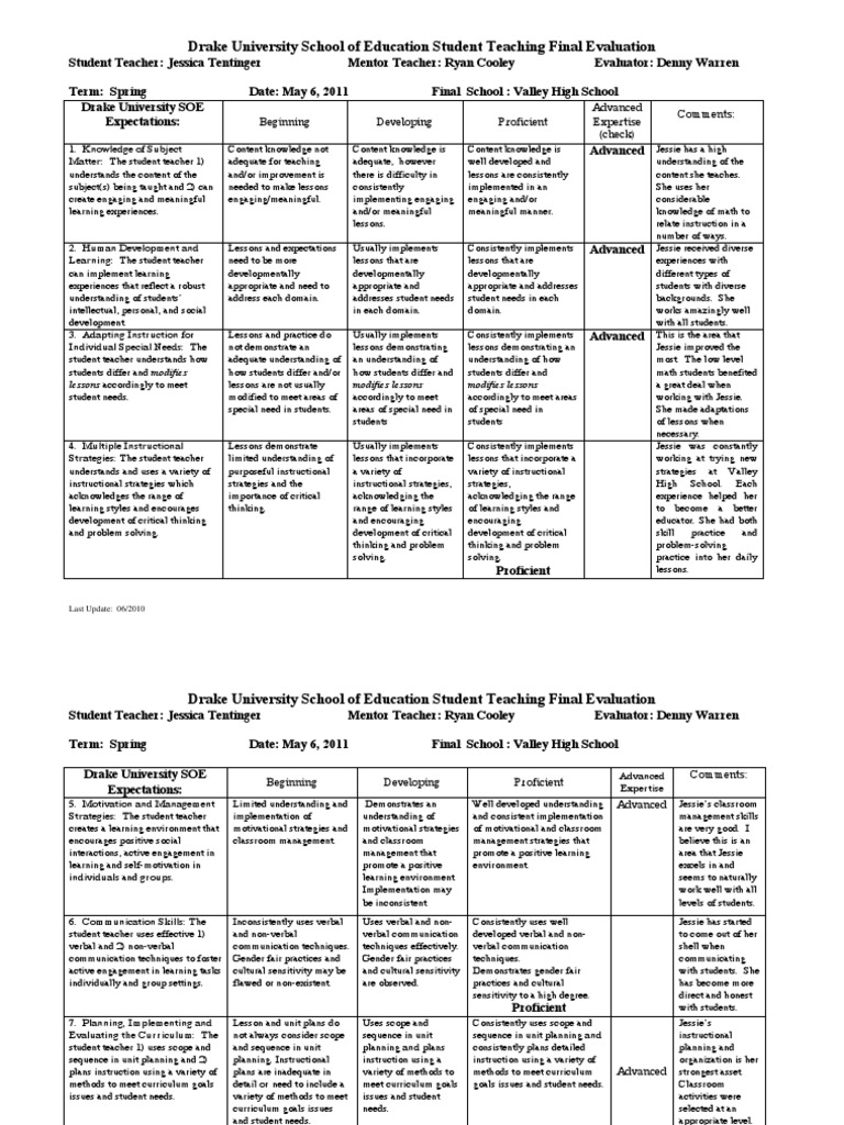 Student Teaching Final Evaluation Download Free Pdf Educational