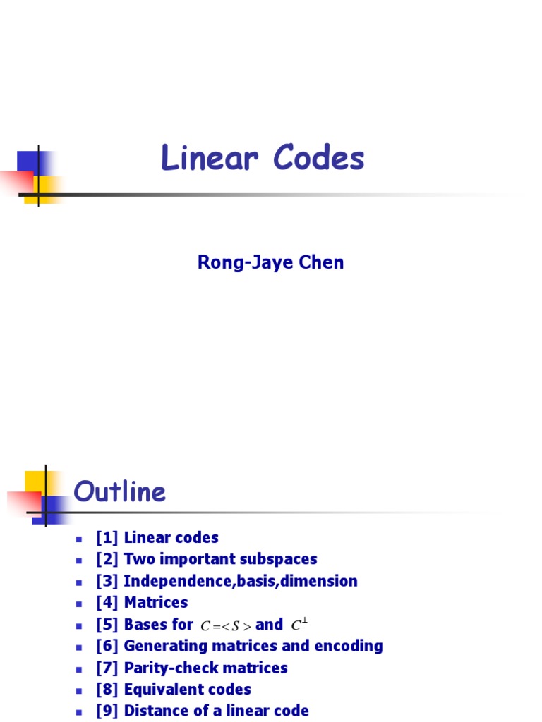 Linear Codes: Rong-Jaye Chen | PDF | Basis (Linear Algebra) | Matrix ...