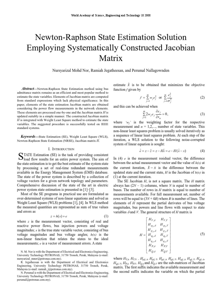 Newton-Raphson State Estimation Solution Employing Systematically ...