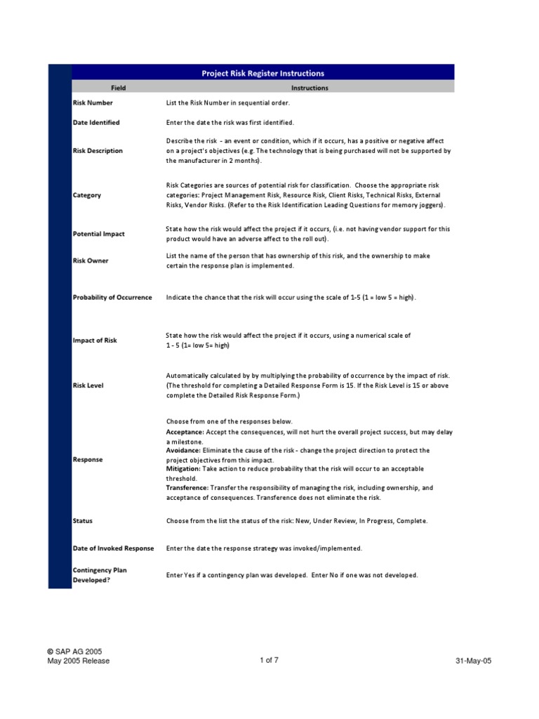 Project Risk Register Instructions | PDF | Risk | Project Management