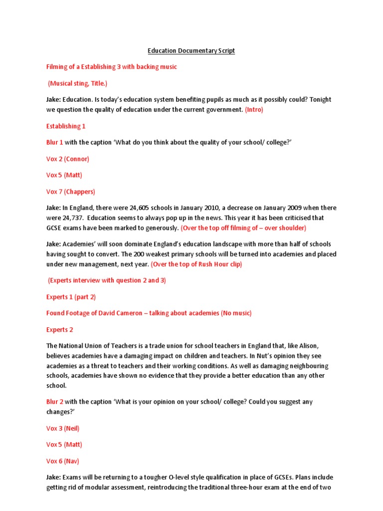 Education Documentary Script | PDF | Teachers | Schools