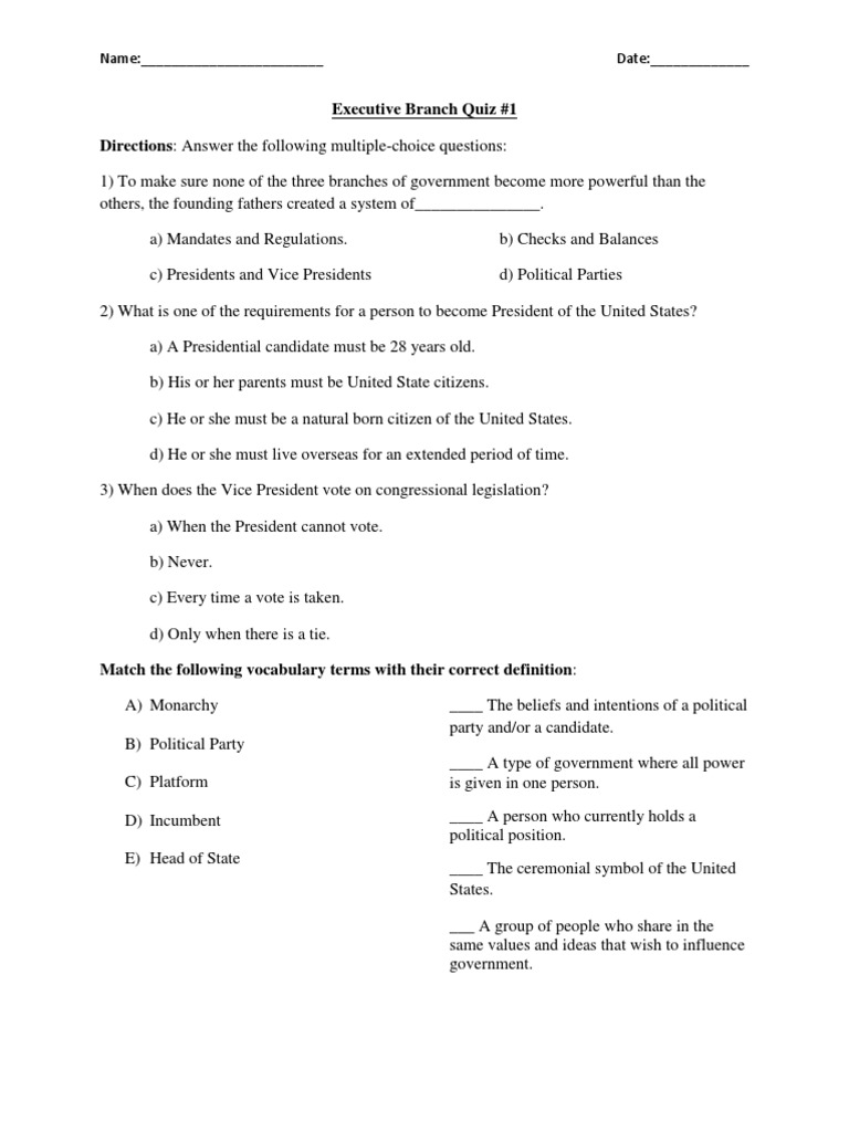 Executive Branch Quiz #1 Directions: Answer The Following Multiple ...