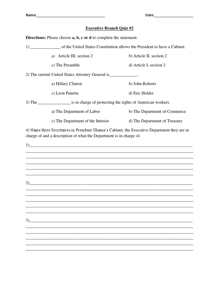 Executive Branch Quiz 2 | PDF | Presidency Of The United States ...