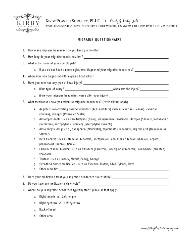 Migraine Headache Patient Questionnaire | PDF