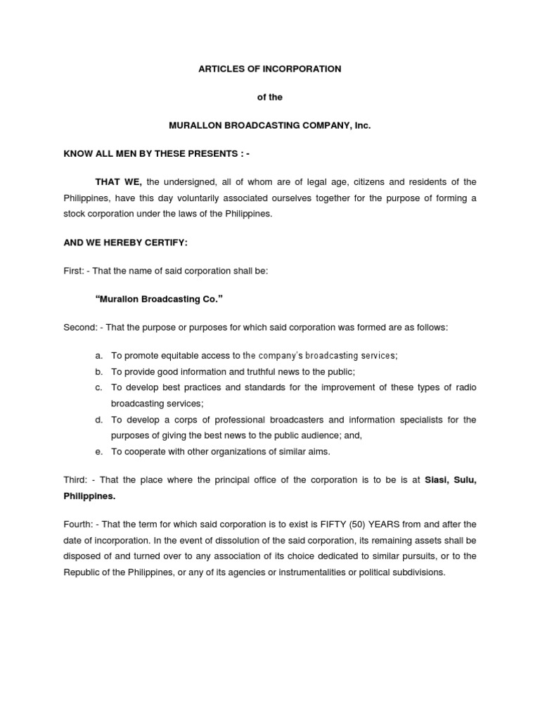 Articles of Incorporation Sample | PDF | Metro Manila | Business Law