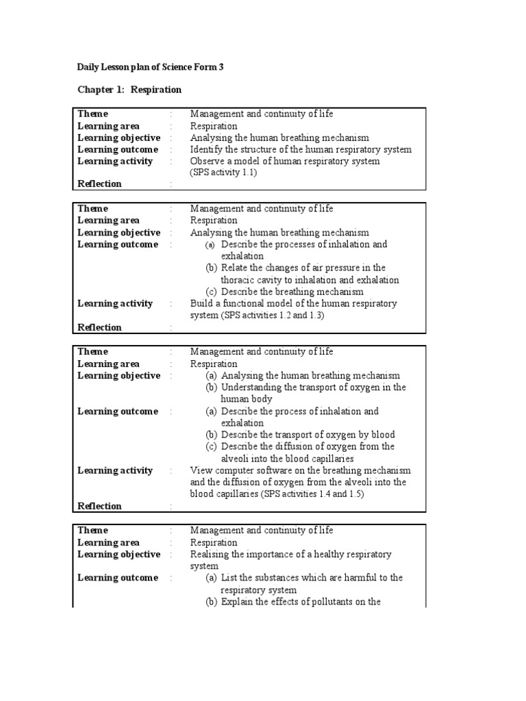 Science Lesson Plan: Respiration Form 3 | PDF | Science & Mathematics