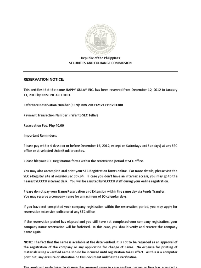 Happy Gulay Inc. Name Reservation Notice | PDF | Career & Growth ...