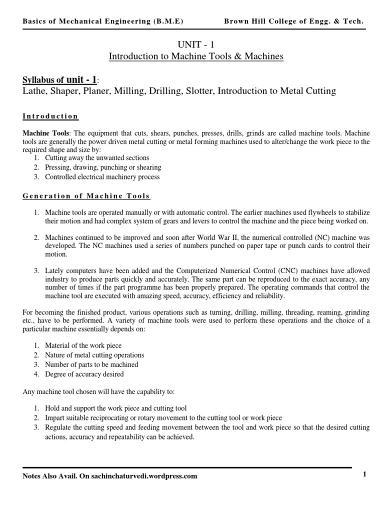 Unit 1 Introduction To Machine and Machine Tool | PDF