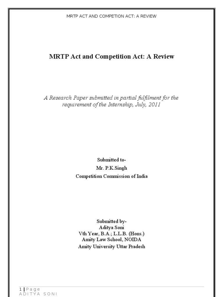 MRTP Act and Competition Act: A Revie | PDF | Competition Law | Monopoly