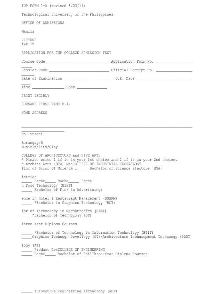 TUP Form | PDF | University And College Admission | Engineering