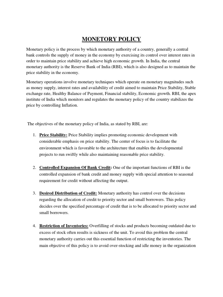 RBI Monetary Policy Goals | PDF | Reserve Bank Of India | Open Market ...