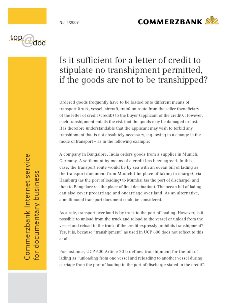 Transhipment Criterion Based On UCP 600 | Letter Of Credit | Bill Of Lading