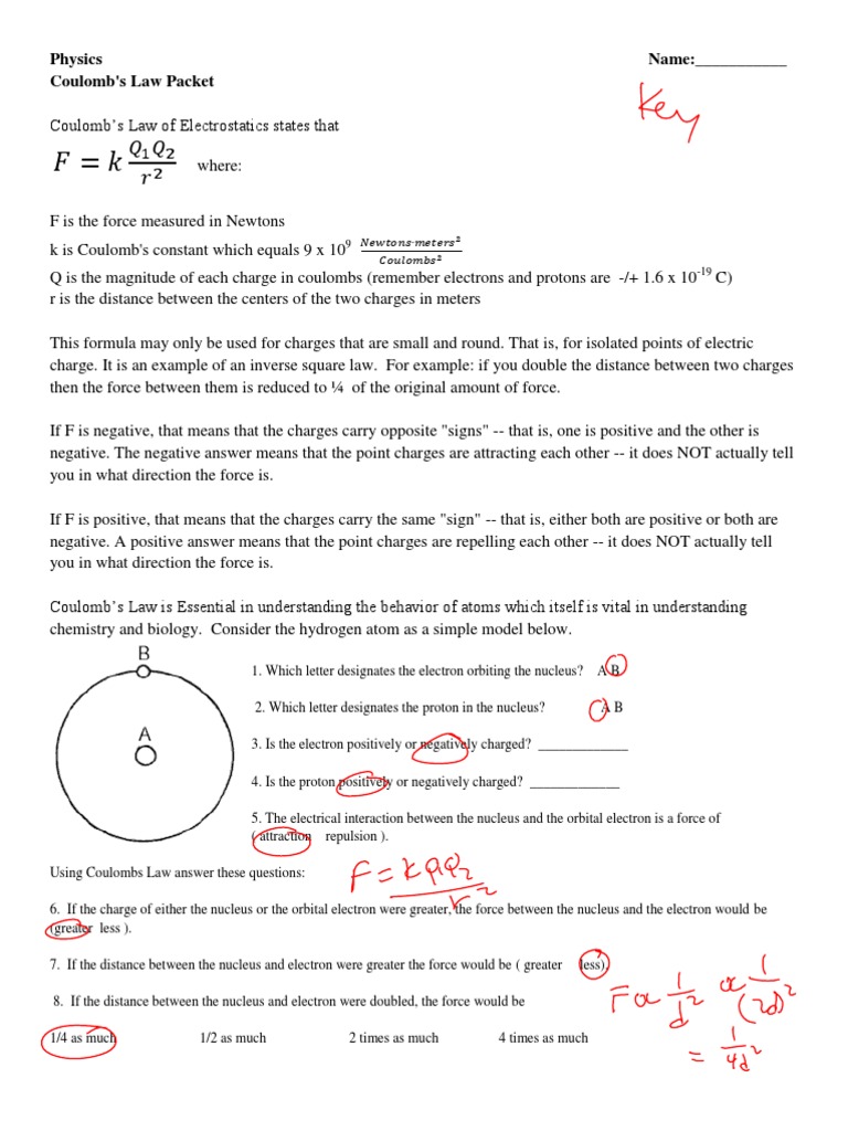 Coulomb's Law Packet | PDF | Electric Charge | Atomic Nucleus