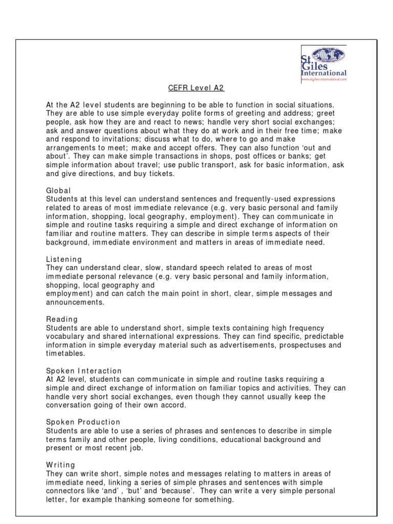 CEFR A2 Learning Outcomes | PDF | Adverb | Adjective