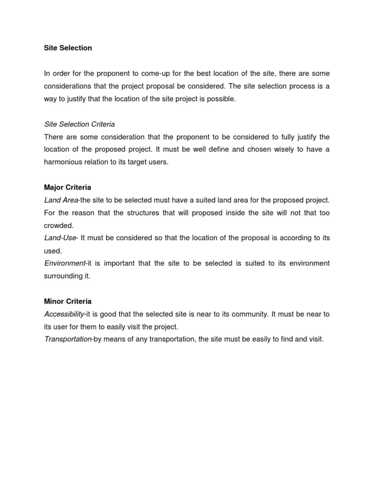 Site Selection Criteria | Accessibility | Technology