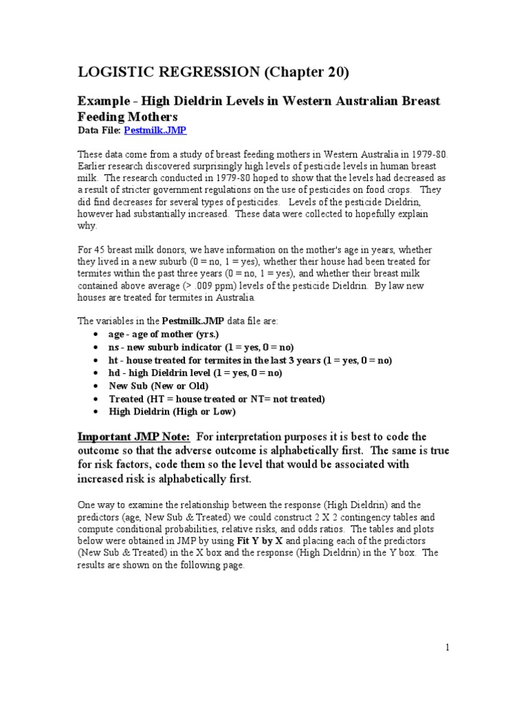 Logistic Regression (Chapter 20) : Example - High Dieldrin Levels in Western Australian Breast ...