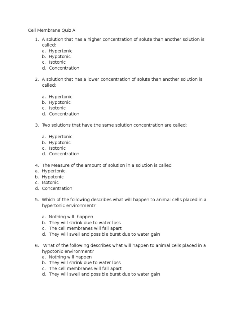 Cell Membrane Quiz AB | PDF | Osmosis | Biochemistry