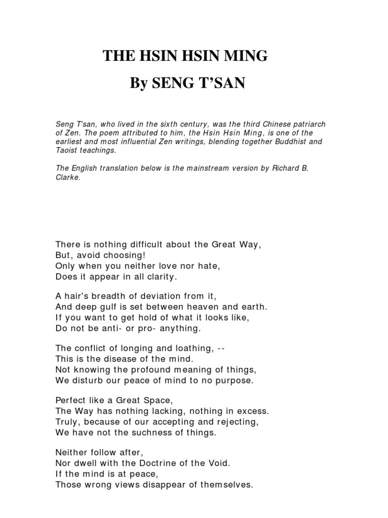 Hsin Hsin Ming by Seng T'san Translated by Richard B Clarke | PDF | Zen ...