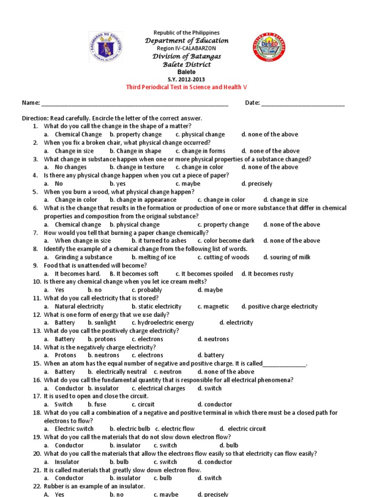 Fifth Grade Periodical Test For Grade 5 | PDF | Electric Charge ...