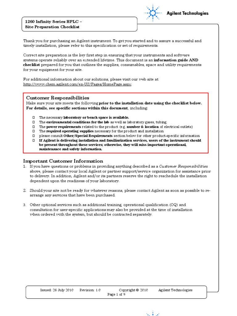 1260 HPLC Site Preparation Checklist | PDF | High Performance Liquid ...
