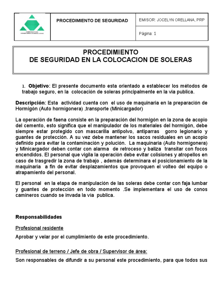 Procedimiento de Seguridad Colcacion de Soleras | PDF | Hormigón | Naturaleza