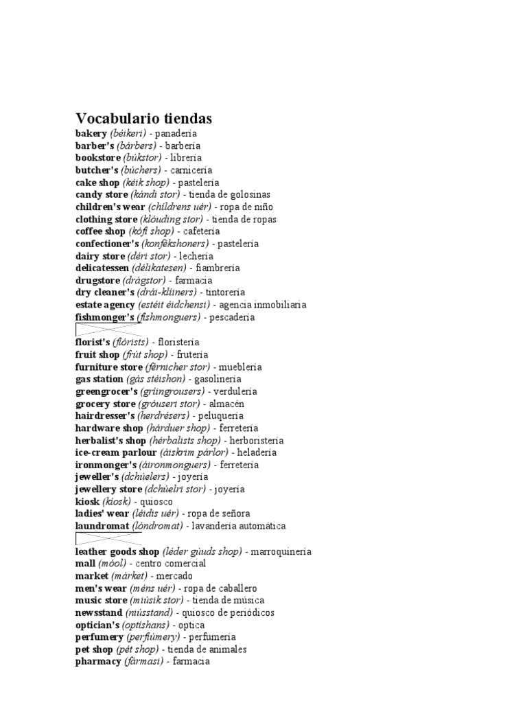 Vocabulario de Tiendas en Inglés | PDF