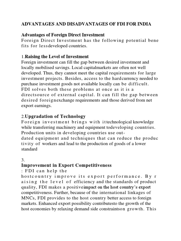 Advantages and Disadvantages of Fdi For India | PDF | Foreign Direct ...