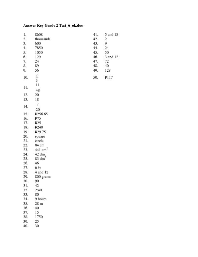 Grade 2 Test Answer Key | PDF