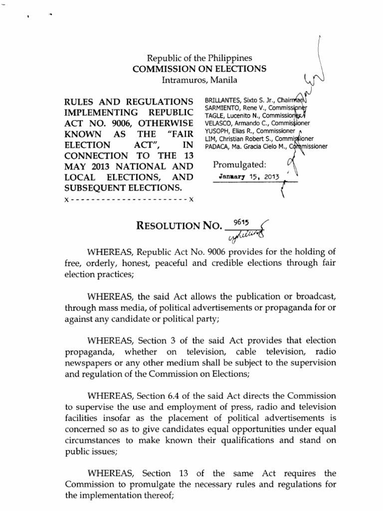 COMELEC Resolution 9615 Rules and Regulations Implementing Fair ...