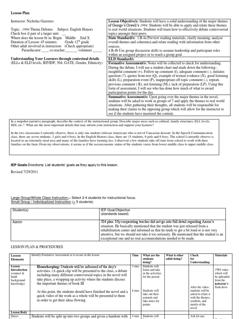 1984 Lesson Plan | PDF | Lesson Plan | Educational Assessment