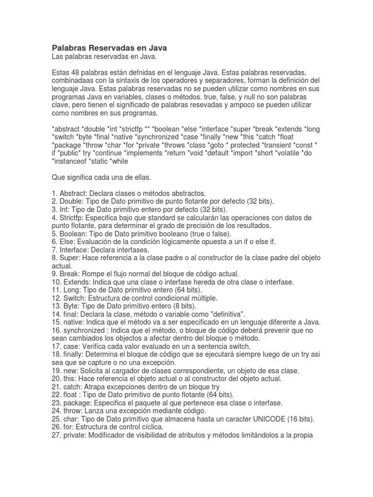 Palabras Reservadas en Java | PDF | Java (lenguaje de programación) | Objeto (informática)
