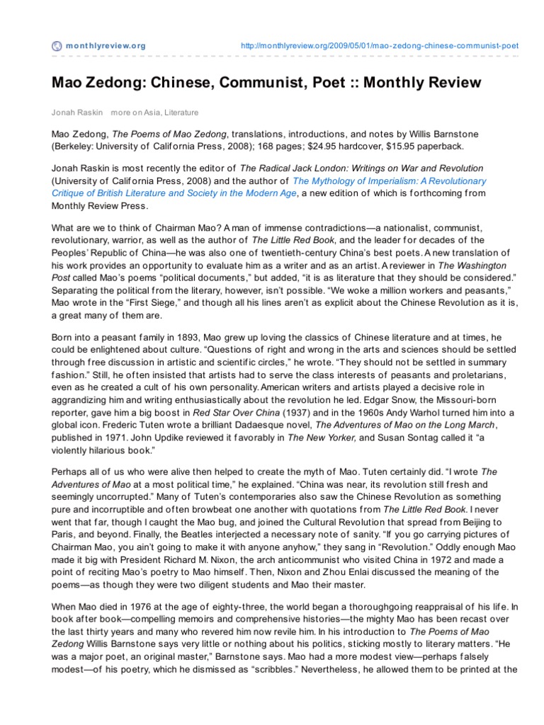Mao Zedong: Chinese, Communist, Poet:: Monthly Review | PDF | Mao ...