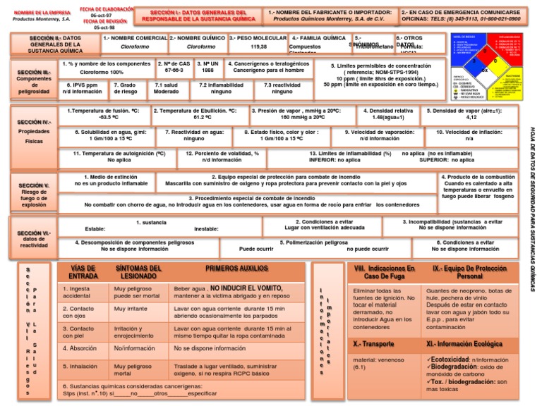 norma nfpa | Cloroformo | Oxígeno