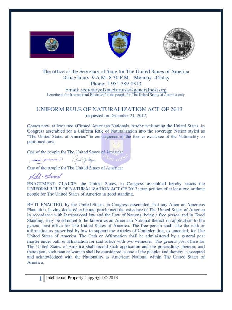 UNIFORM RULE OF NATURALIZATION ACT OF 2013 | Naturalization | Public Law