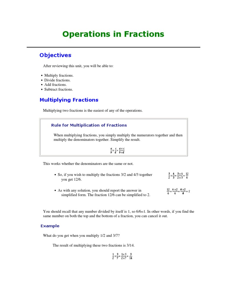 Operations in Fractions | PDF | Fraction (Mathematics) | Multiplication