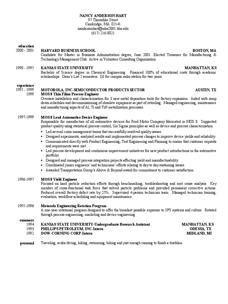 Hbs Resume Samples | PDF | Strategic Management | Mergers And Acquisitions