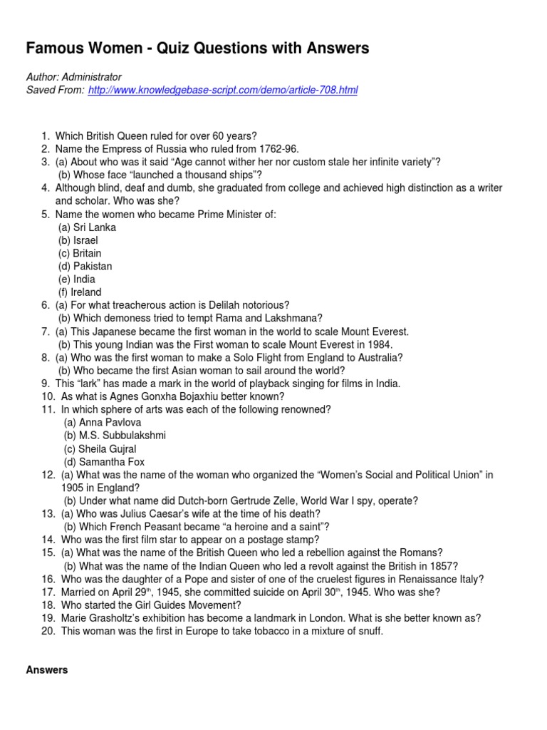 Famous Women - Quiz Questions With Answers: Author: Administrator Saved ...