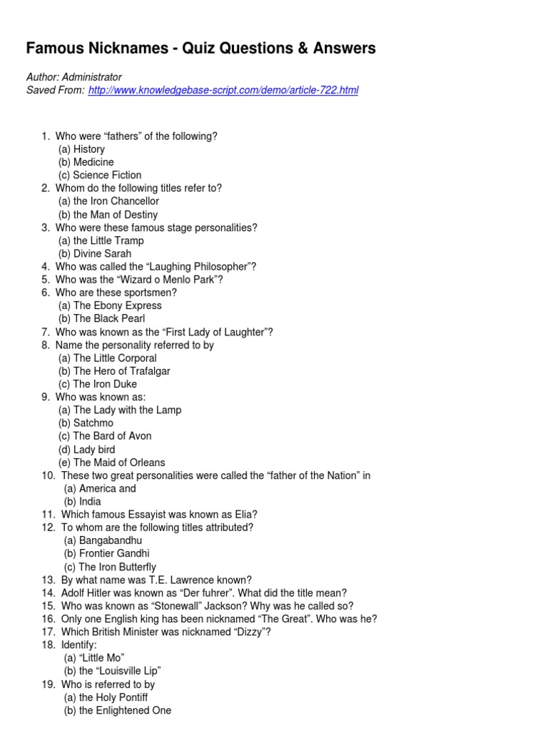Famous Nicknames - Quiz Questions & Answers: Author: Administrator ...