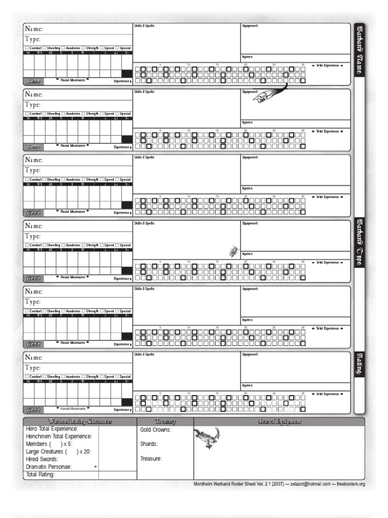 Mordheim Roster Sheet | PDF | Fantasy | Role Playing Games