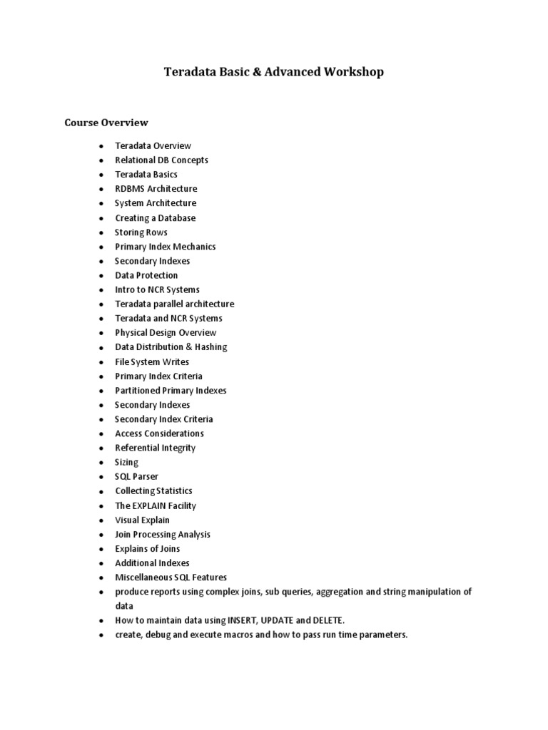 Teradata Basic & Advanced Workshop: Course Overview | PDF