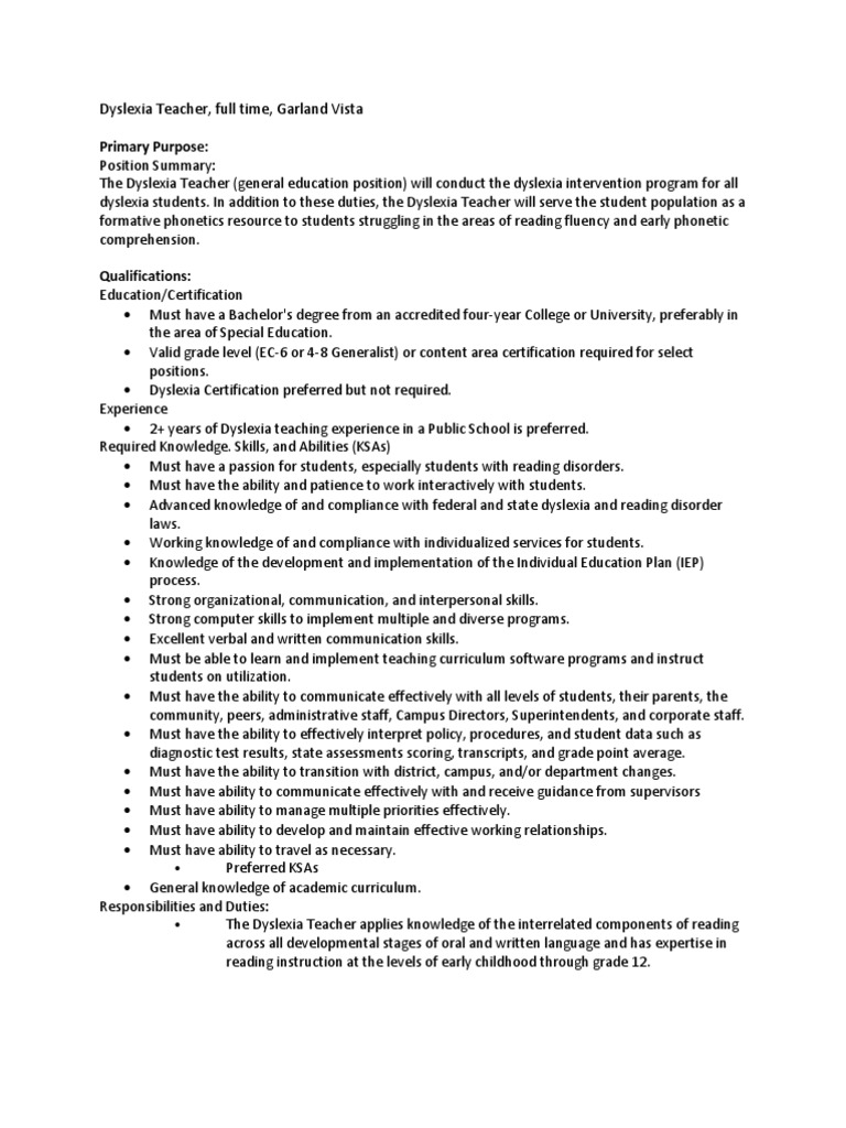 Dyslexia Teacher, Full Time, Garland Vista: Primary Purpose | PDF | Individualized Education ...