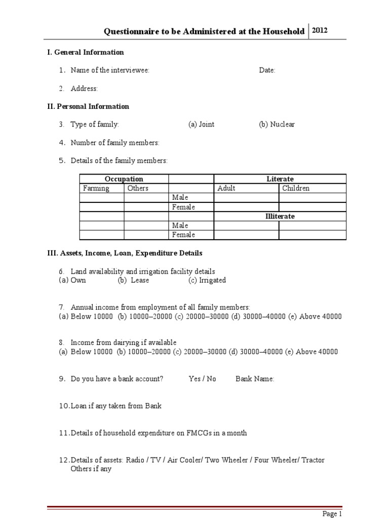 Household Questionnaire for Family Data | PDF