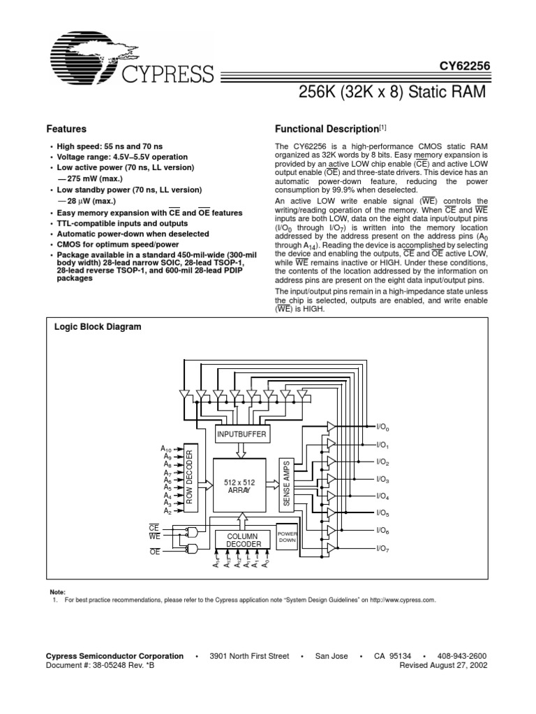 Cypress SRAM CY62256 | PDF | Digital Technology | Electronic Design