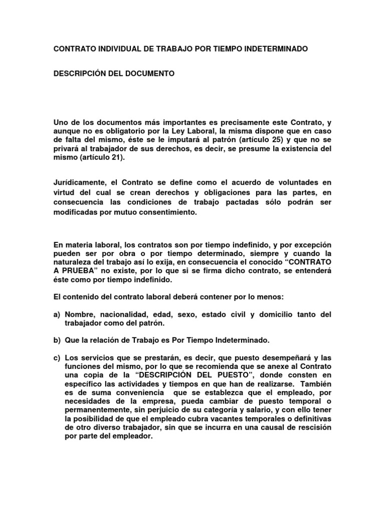 Contrato Individual de Trabajo Por Tiempo Indeterminado | PDF | Derecho laboral | Salario