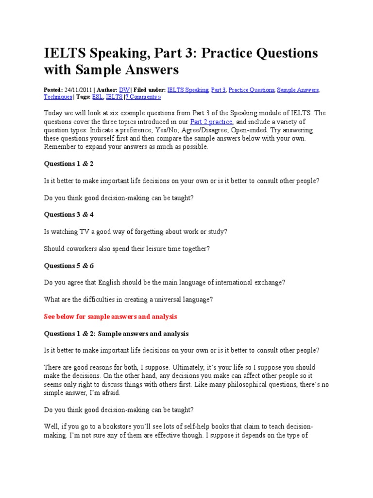 IELTS Speaking, Part 3: Practice Questions With Sample Answers | PDF ...