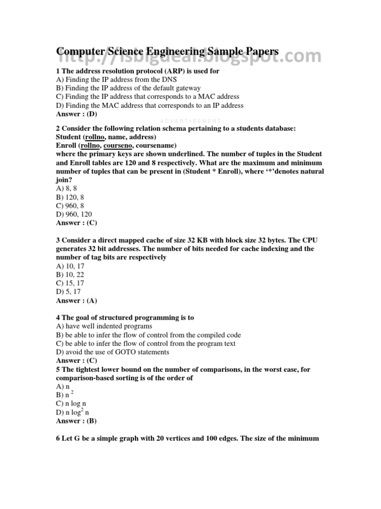 Computer Science Engineering Sample Papers: Advertisement | PDF ...
