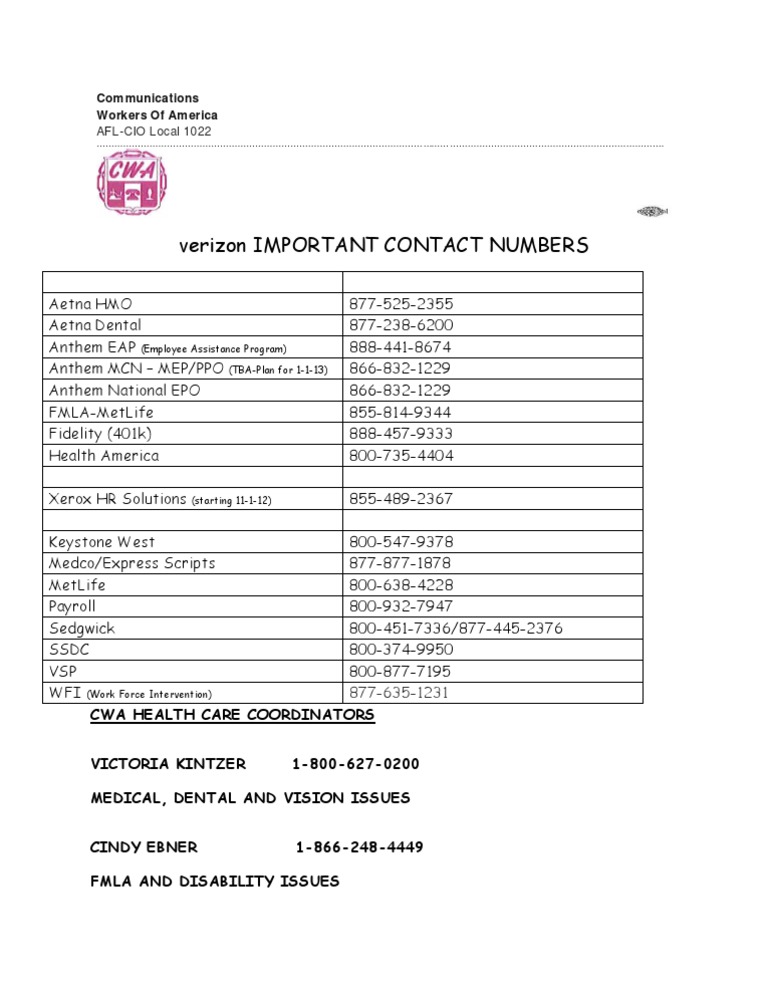 Verizon Important Contact Numbers | PDF | Business | Computers