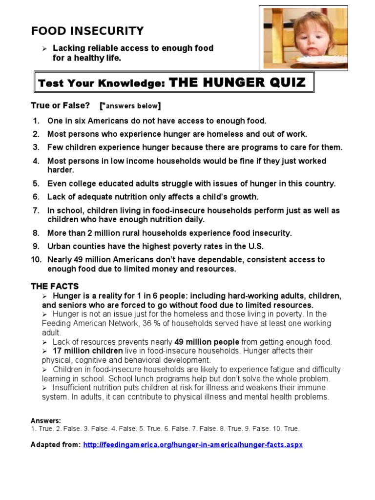FOOD INSECURITY Test Your Knowledge: The Hunger Quiz | PDF | Food ...